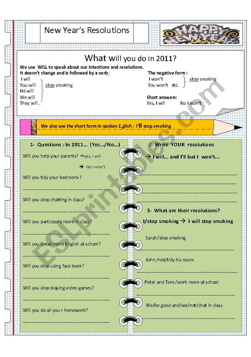 New Year´s Resolutions [EDITABLE] - ESL worksheet by Aurore